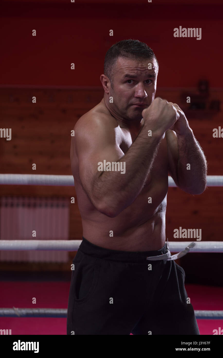 professional kickboxer with hands in martial arts position training for ...