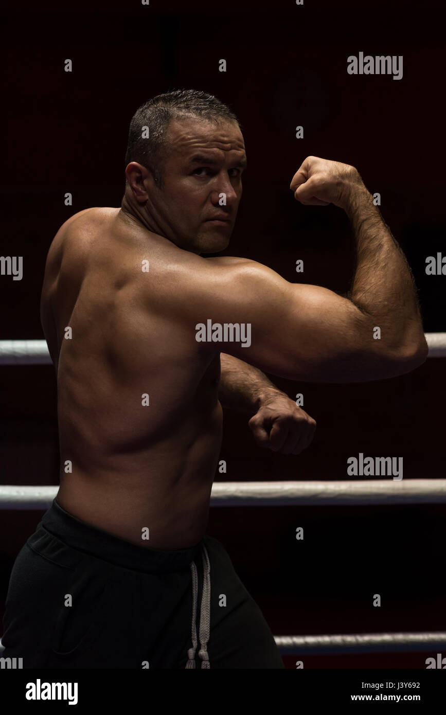 professional kickboxer with hands in martial arts position training for ...