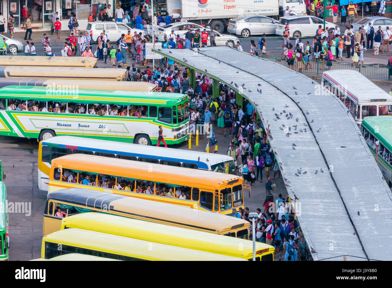 Suva, Fiji - Mar 24, 2017: View of people in a busy bus terminal in ...