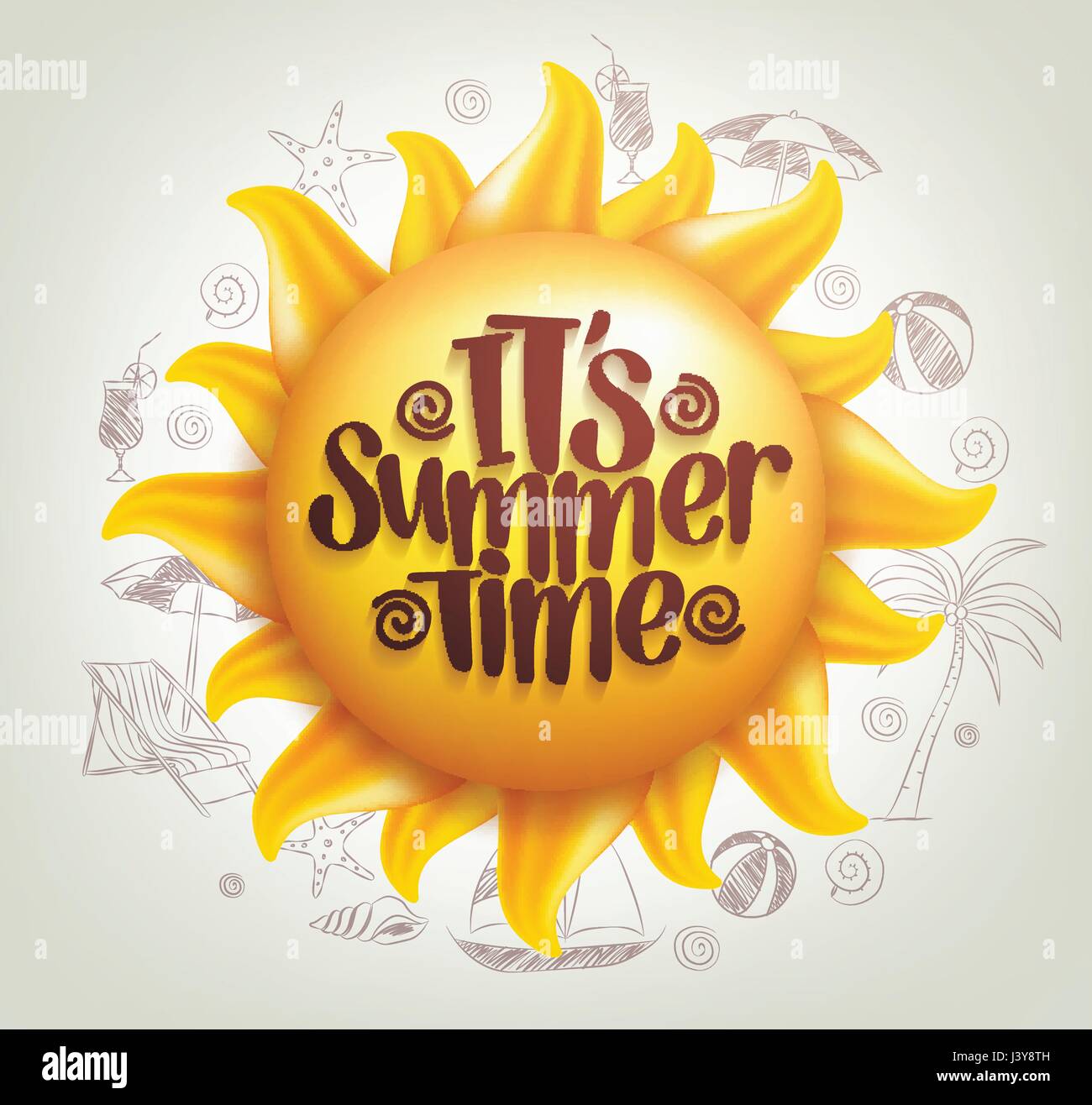 Sun Vector with Summer Time Title in a Background with Hand Drawing ...