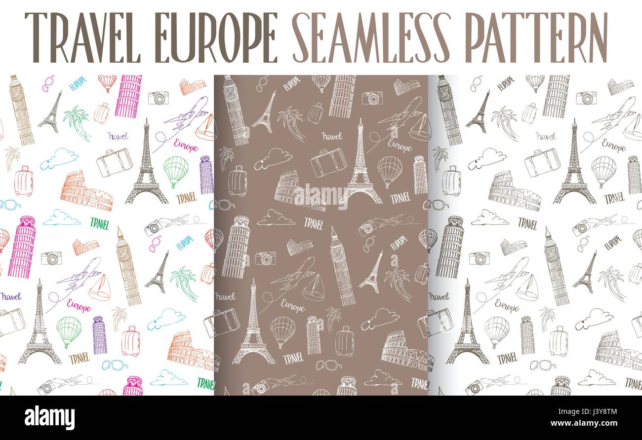 Set of Hand Drawn Vector Travel Europe Seamless Pattern with Famous ...