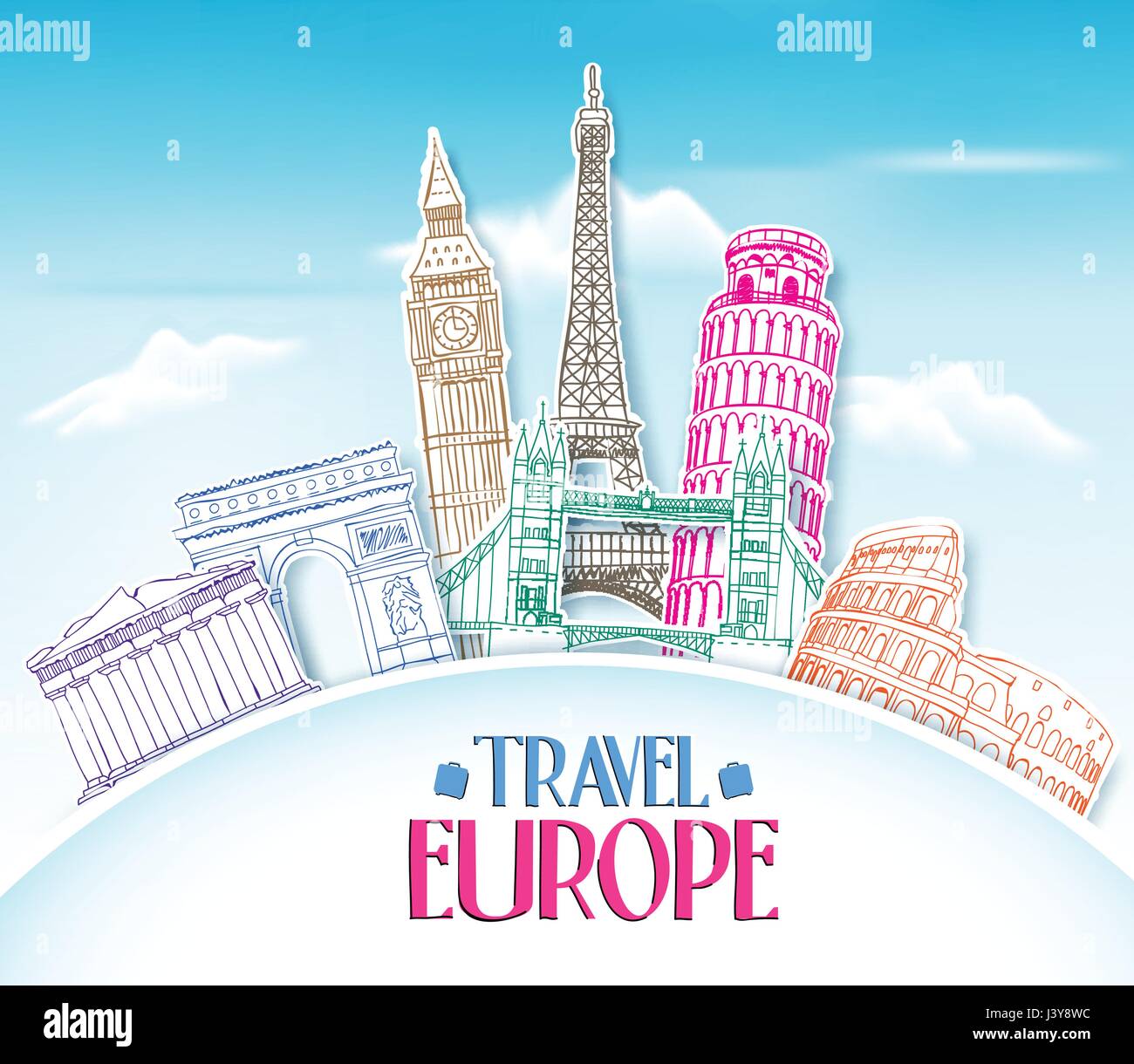 Colorful Vector Travel Europe Hand Drawing in paper Cut with Famous ...