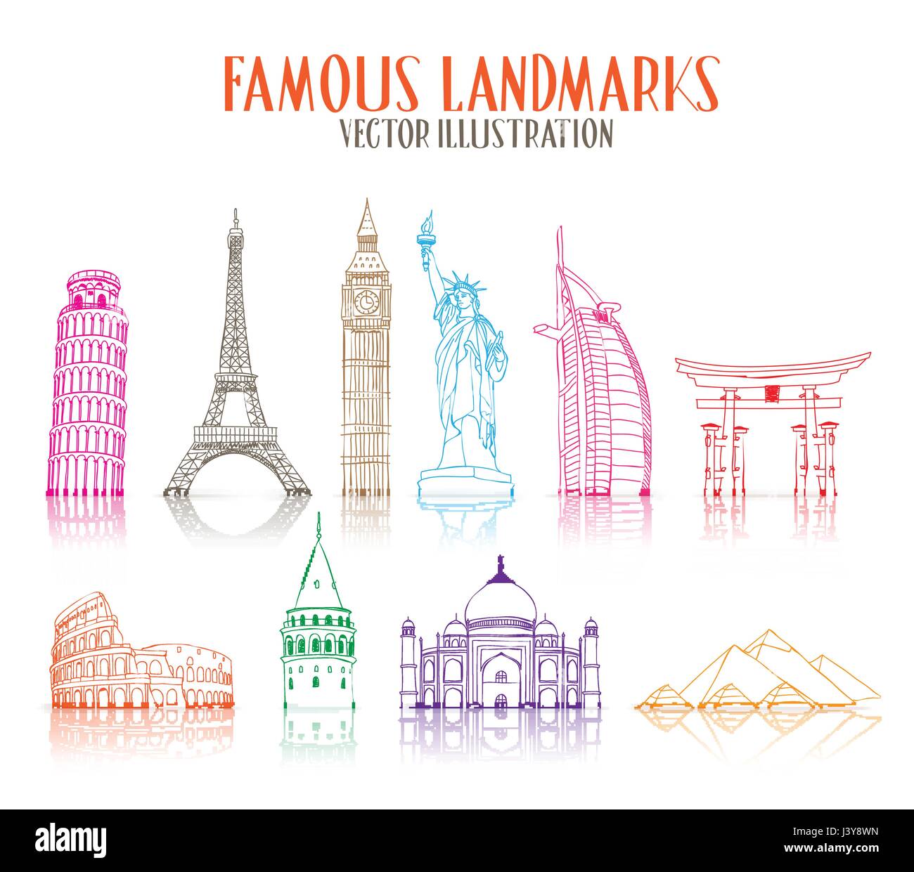 Set of Colorful Hand Drawn Famous and Popular Landmarks for Traveling ...