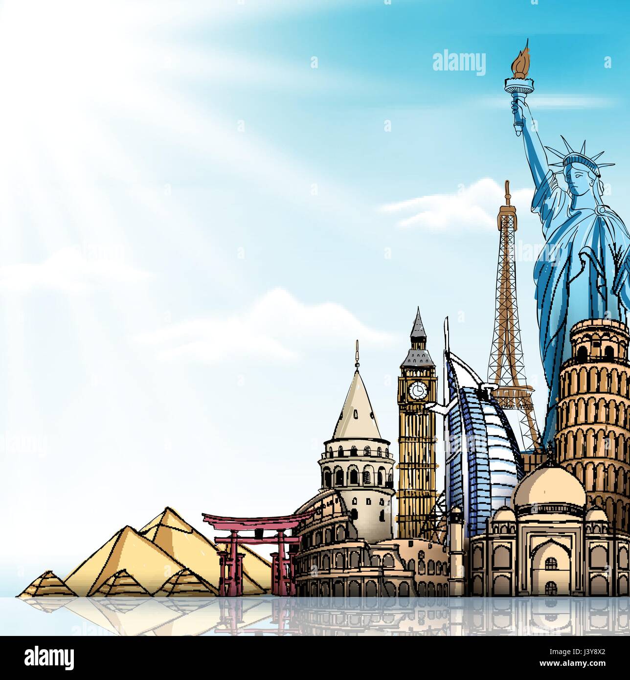 Travel Vector Background with Famous World Landmarks and Sketch Drawing ...