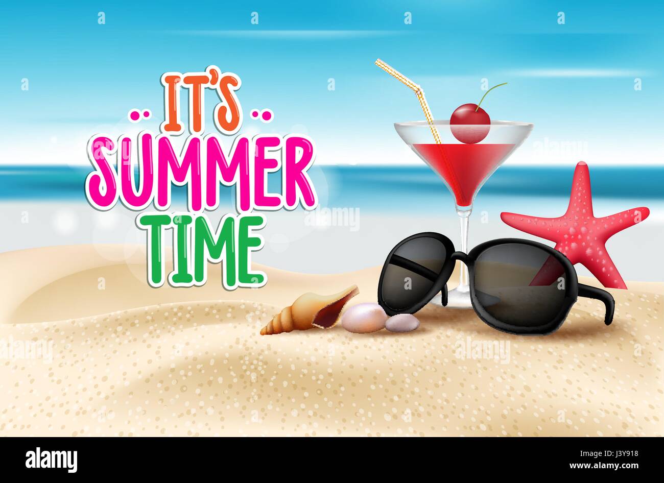 Summer Time Title Vector in Sand and Horizon Background with Cocktail ...