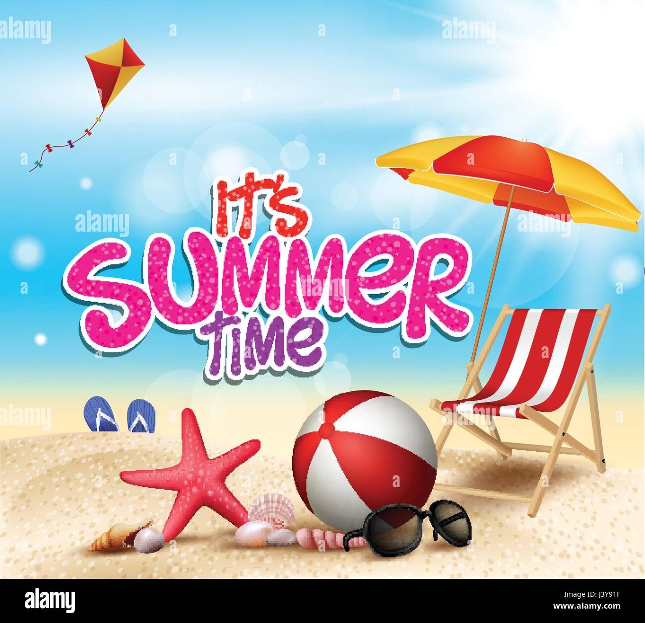 Vector Summer Time Title Text in Sea Shore with Realistic Sea Shells ...