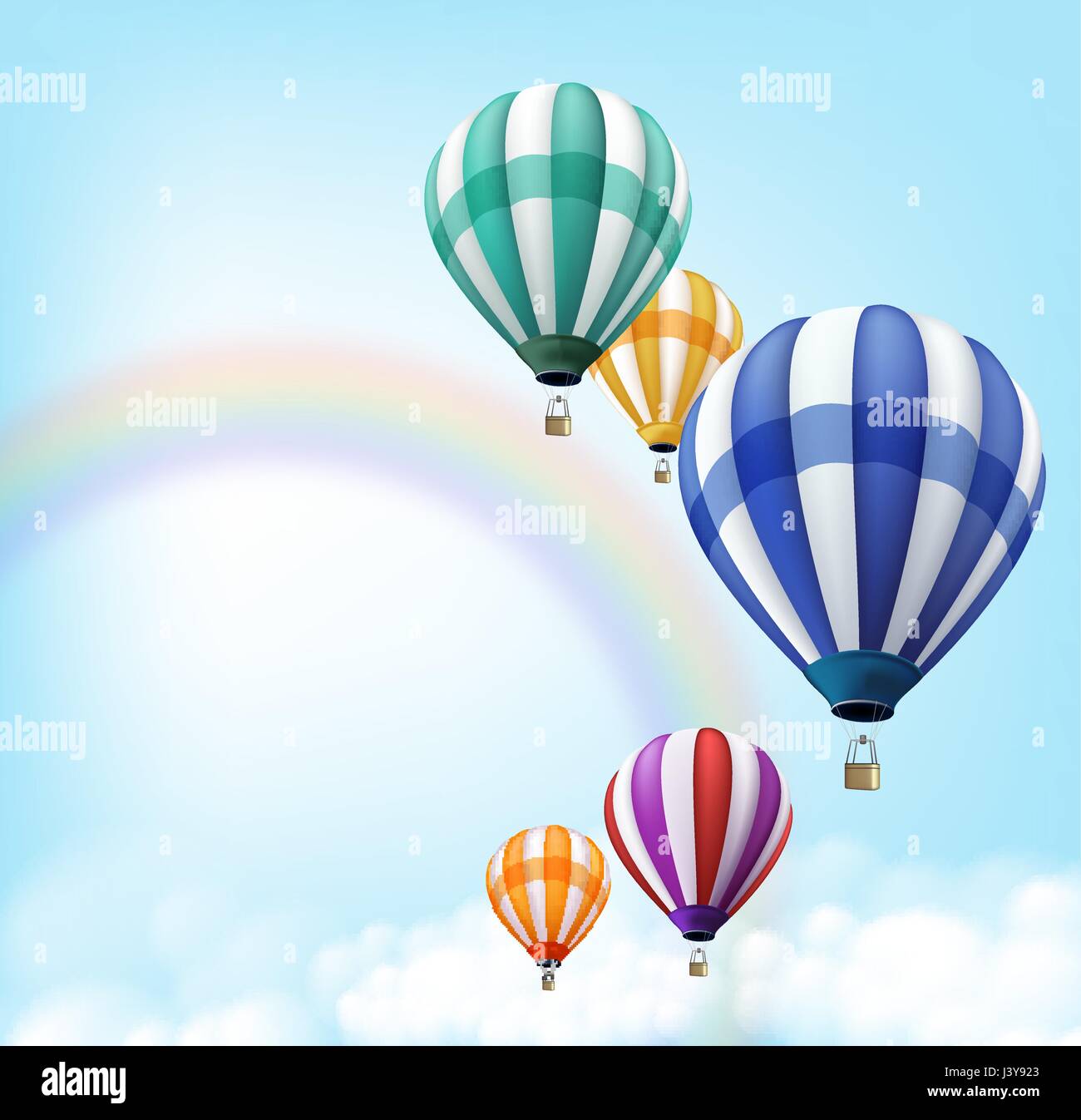 Vector Hot Air Balloons Flying with Colorful Rainbow in the Blue Sky ...