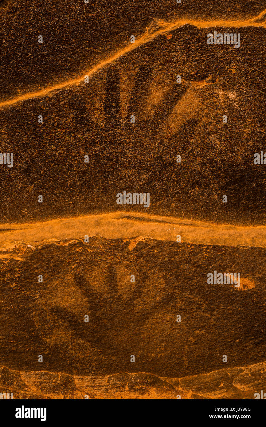 Spatter prints of human hand on the sandstone walls behind Fallen Roof ...