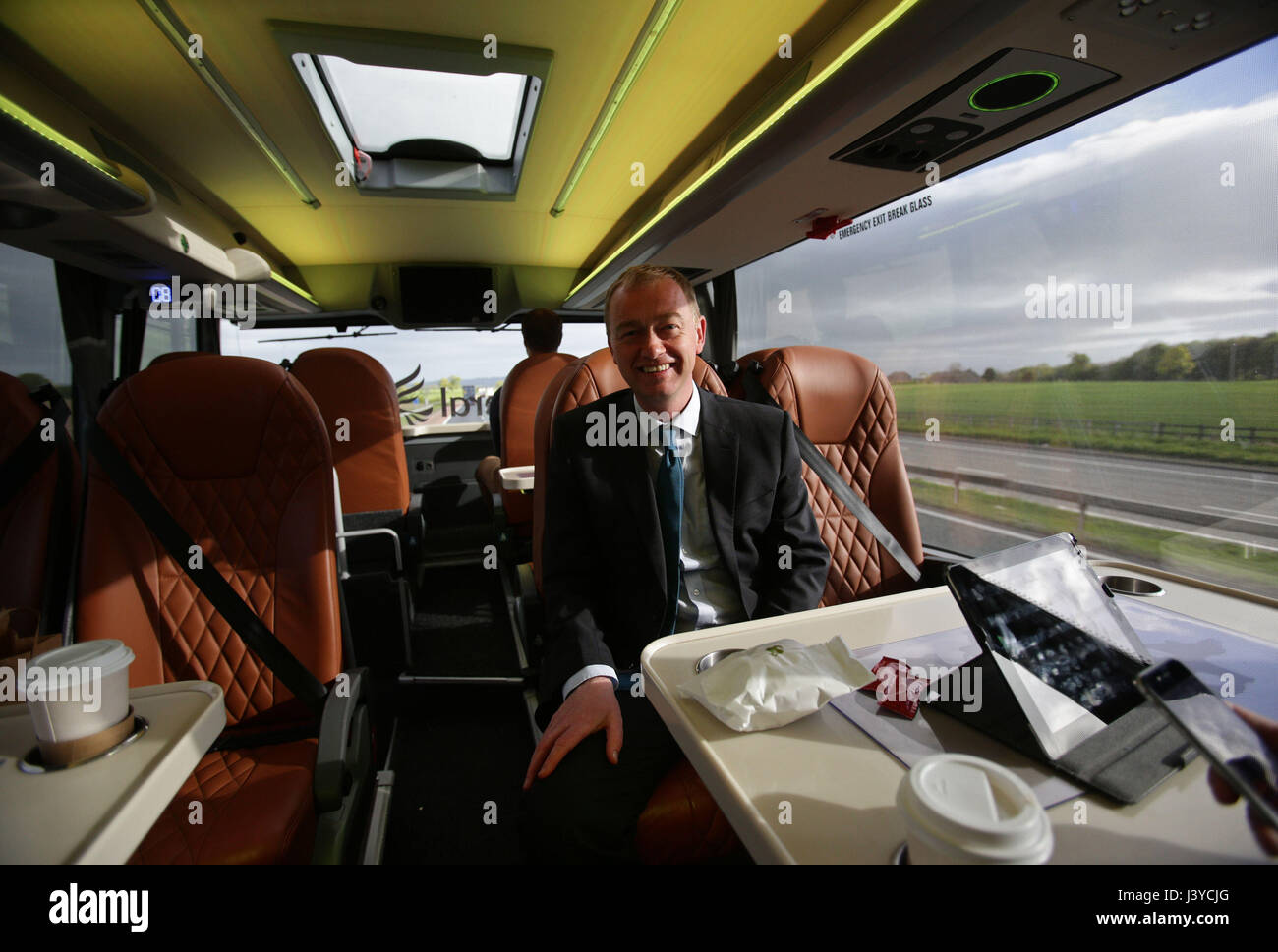 Liberal Democrats leader Tim Farron on board the Lib Dem battle bus on ...