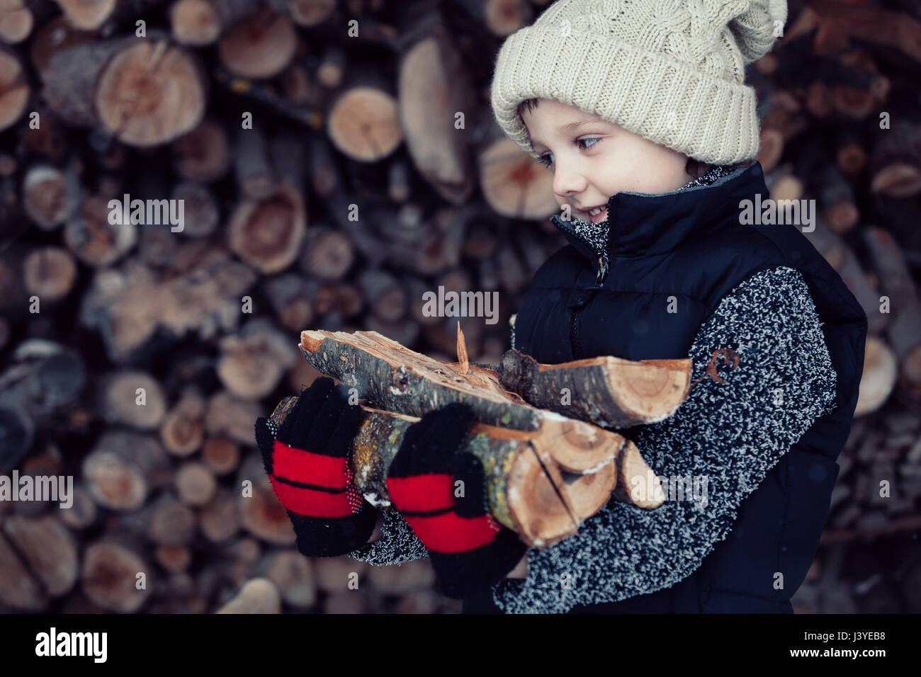 One little boy chopping firewood in the front yard at the day time. Kid ...