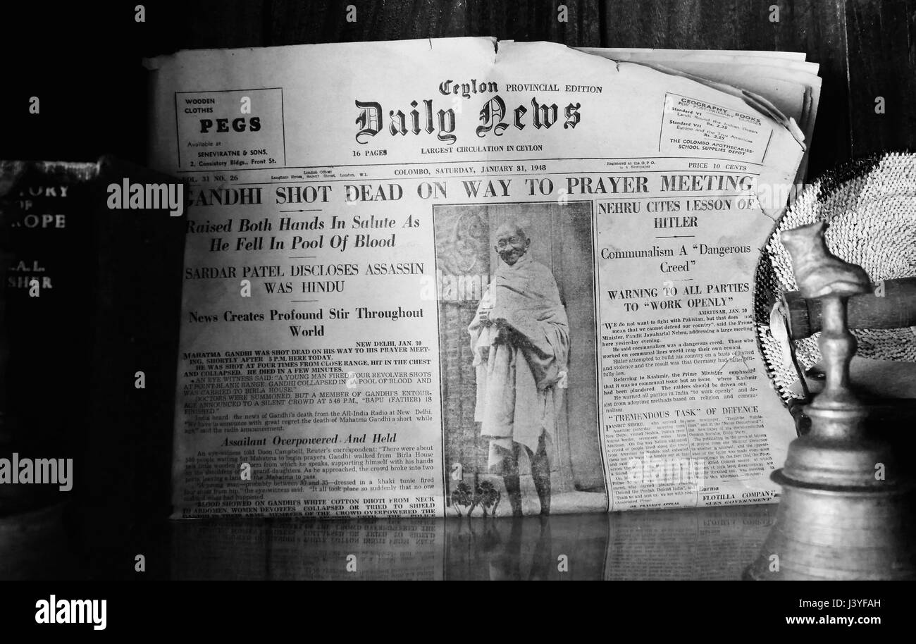 Vintage black&white close up of front page of Ceylon (Sri Lanka) Daily ...