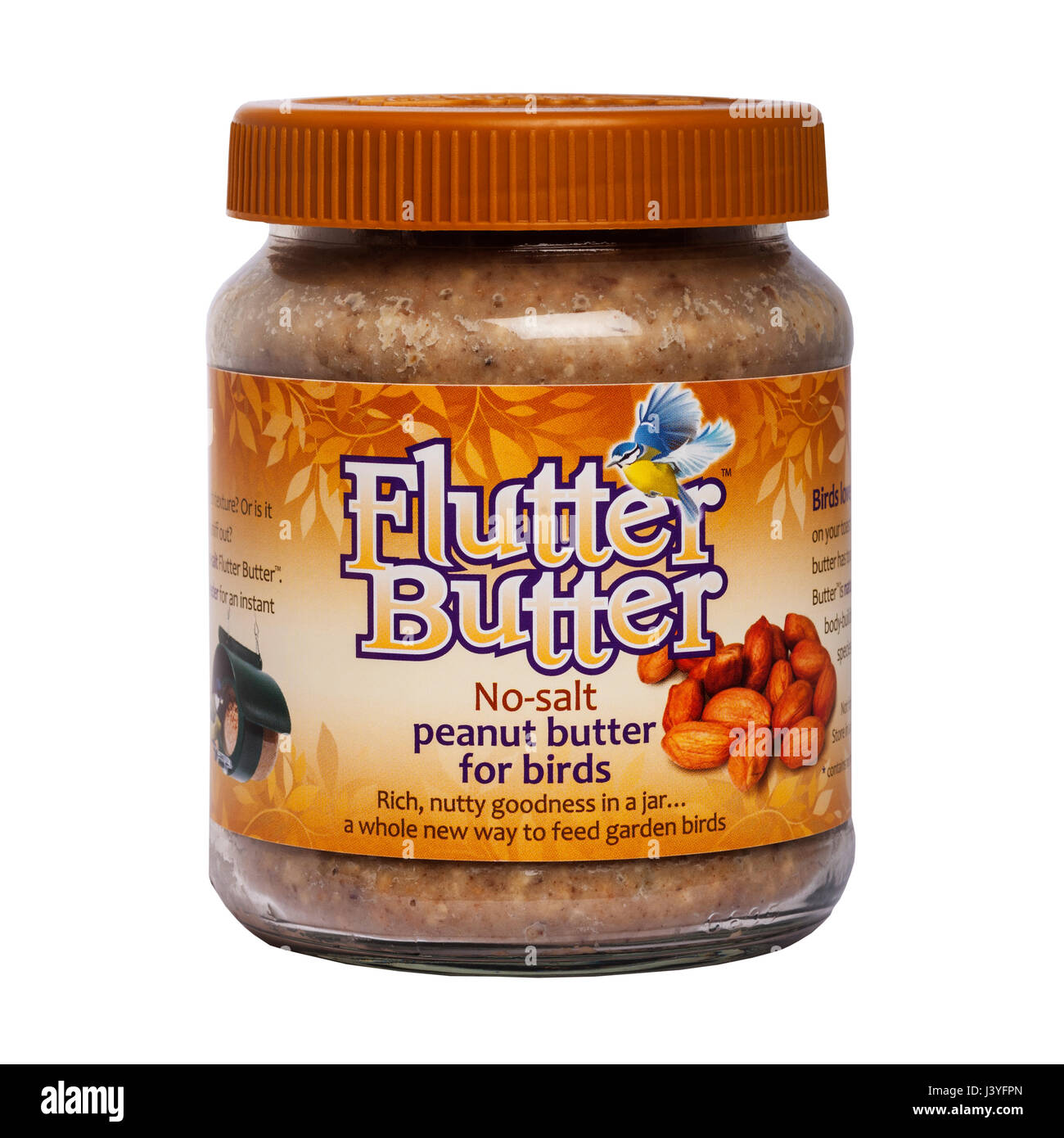 A jar of Flutter Butter No-Salt peanut butter for birds on a white ...