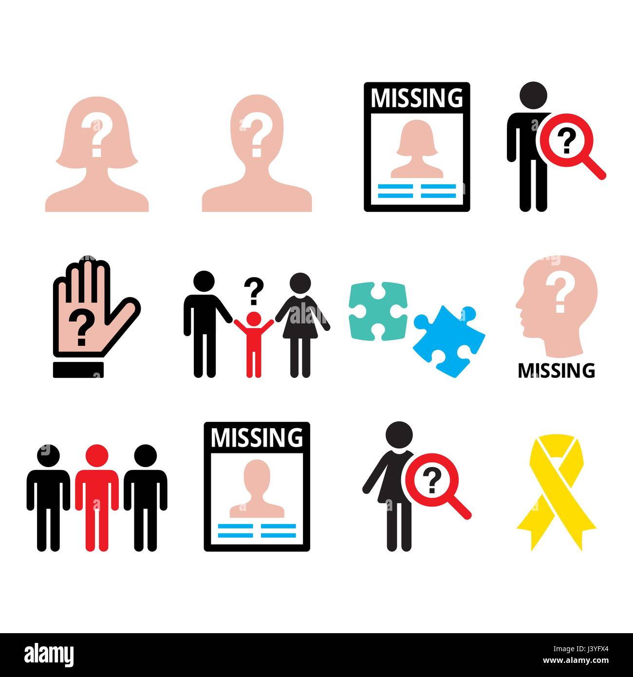 Missing people - man and woman, missing children icons set Stock Vector ...