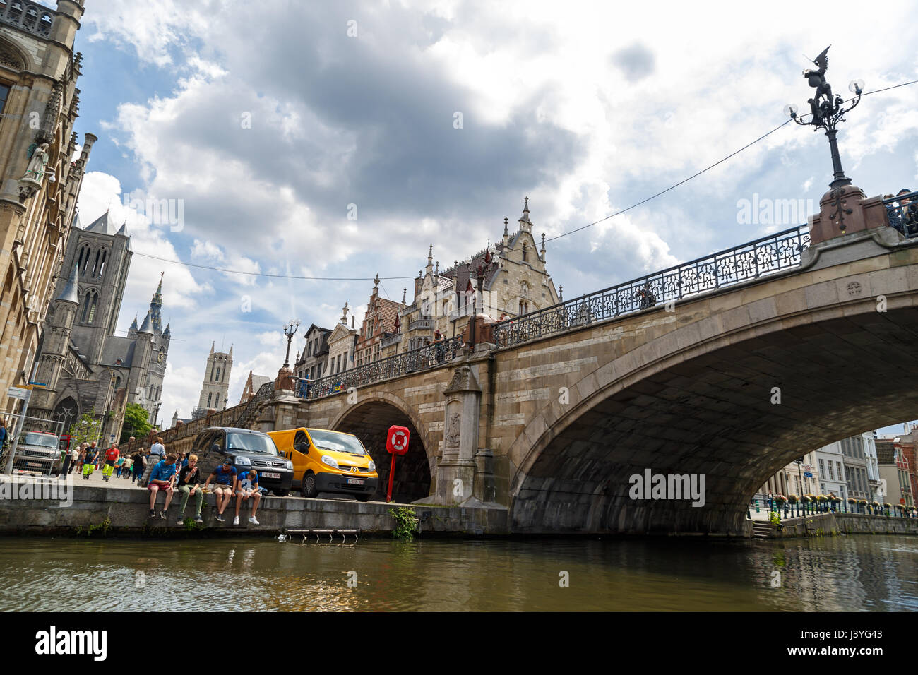 GENT, BELGIUM - JULY 6, 2016 : View St. Michael's Bridge on Leie River ...