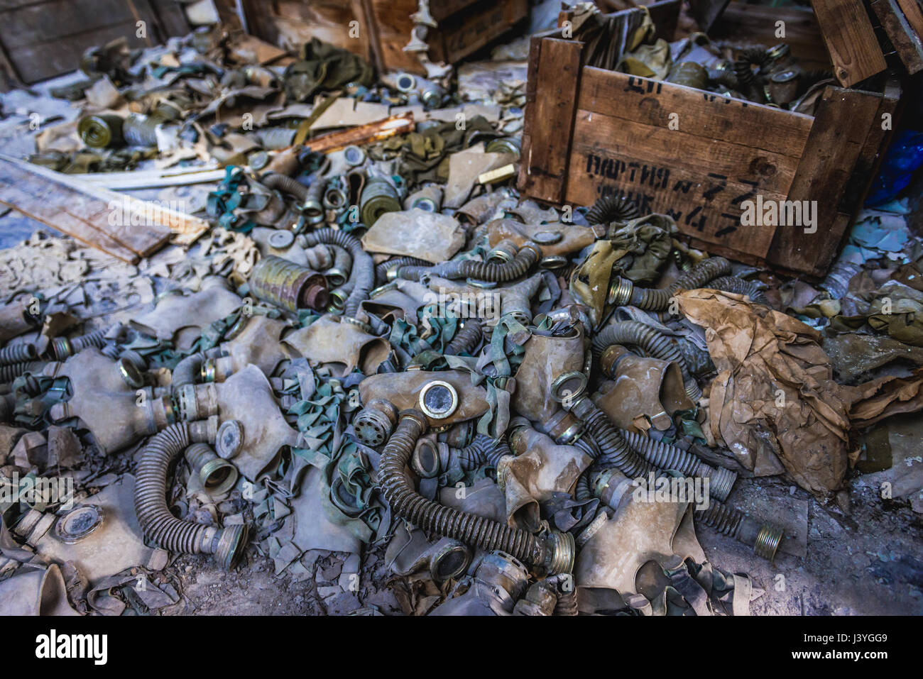 Old gas masks and filter canisters in High school No 3 in Pripyat ghost ...
