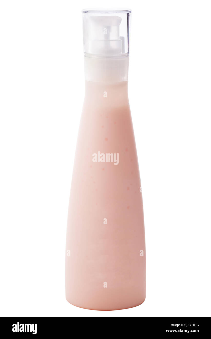 Cosmetic bottle with light brown liquid isolated over white background ...