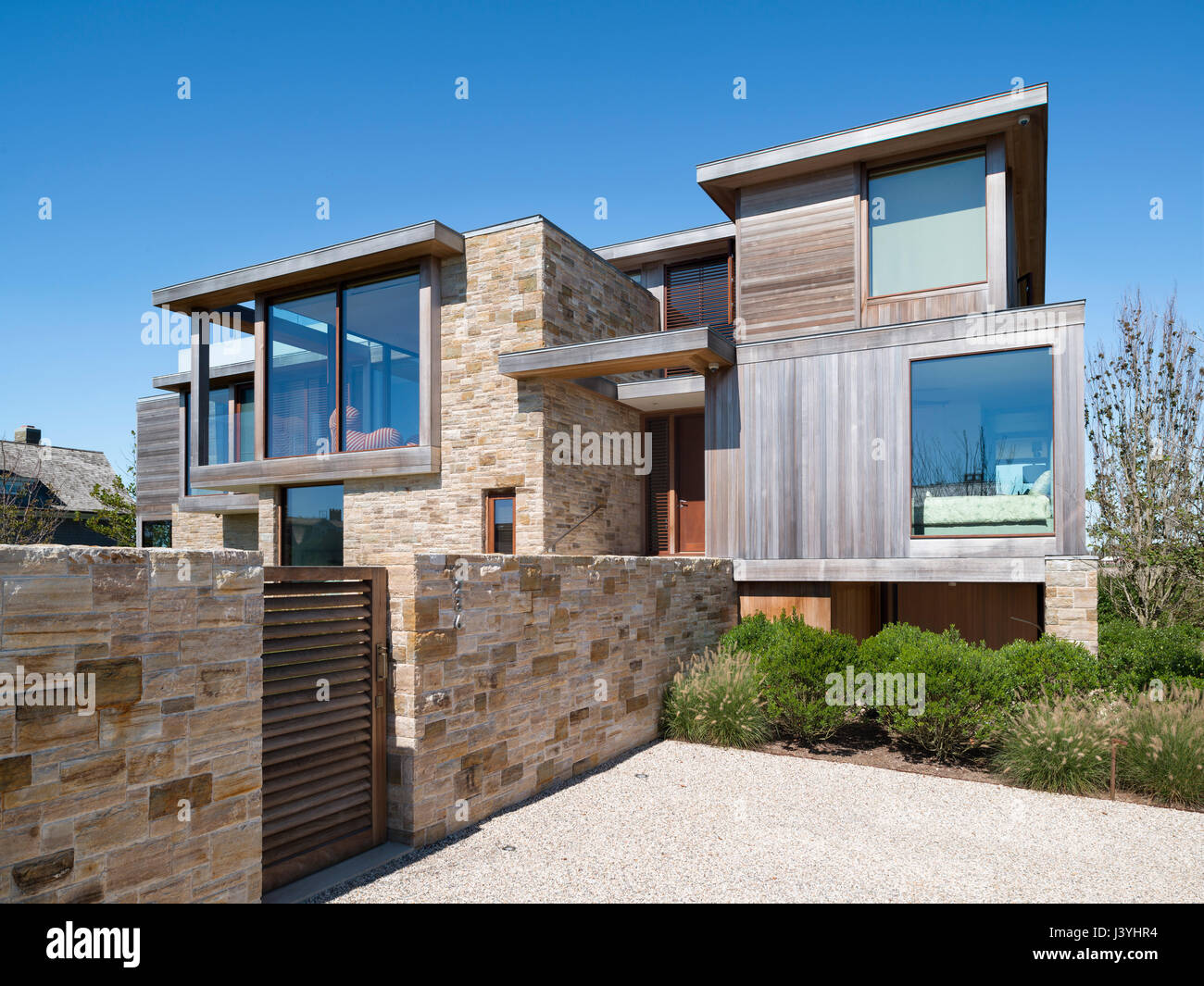 Exterior view from the parking court. Gibson Farm House, Sagaponack ...