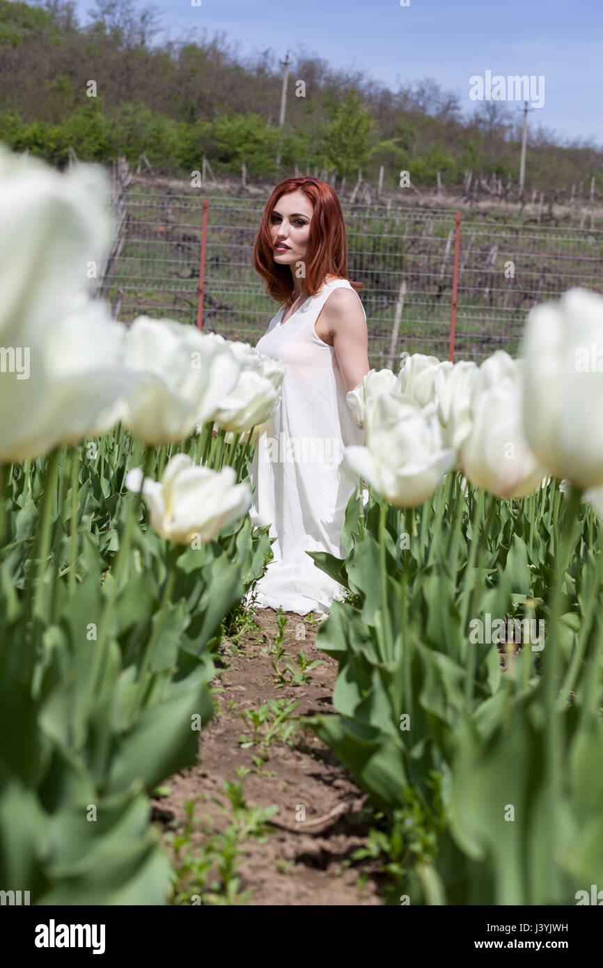 Beautiful woman in flower field in sunny summer day. Beautiful girl in ...
