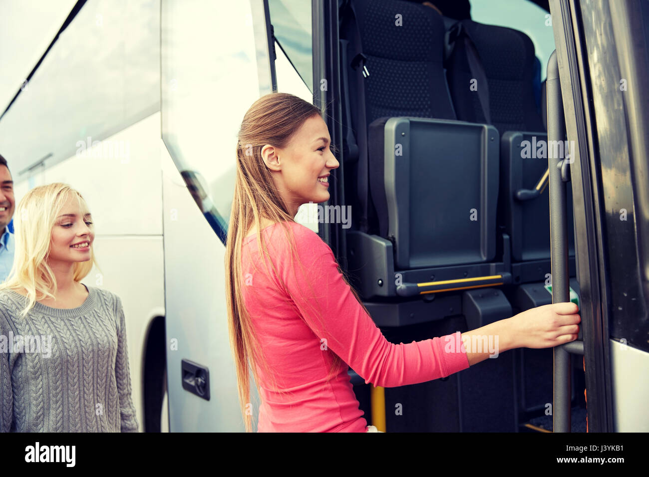 group of happy passengers boarding travel bus Stock Photo - Alamy