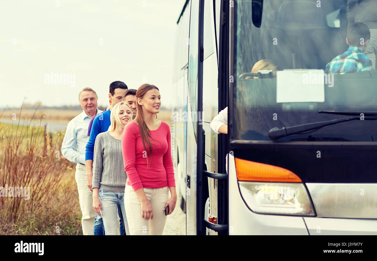group of happy passengers boarding travel bus Stock Photo - Alamy