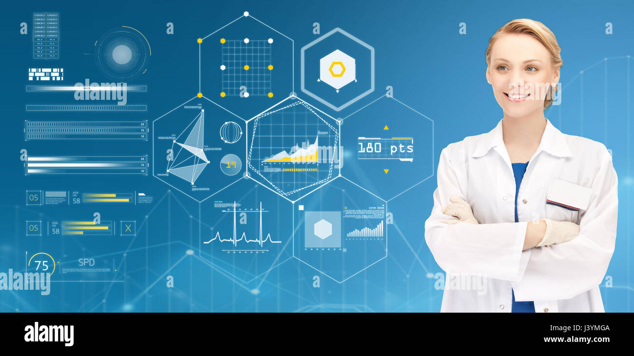 happy doctor over blue background and charts Stock Photo - Alamy