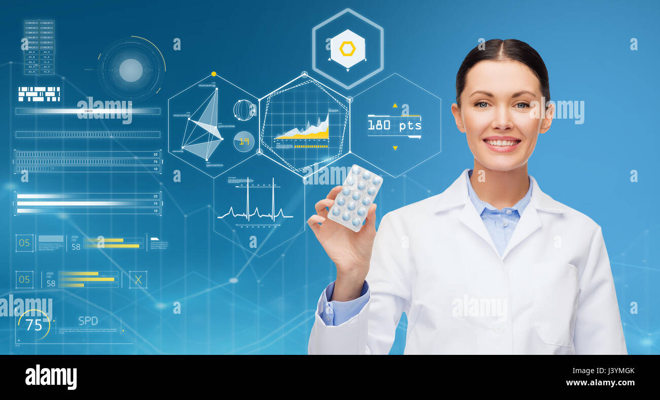 happy doctor over blue background and charts Stock Photo - Alamy