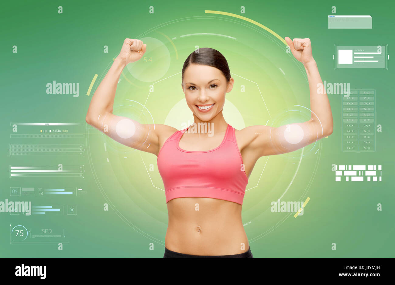 happy sporty woman showing biceps Stock Photo - Alamy