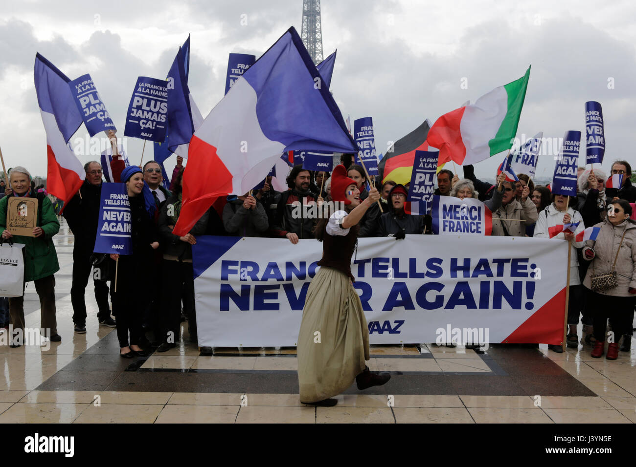Paris, France. 08th May, 2017. A protester dressed as French Marianne ...