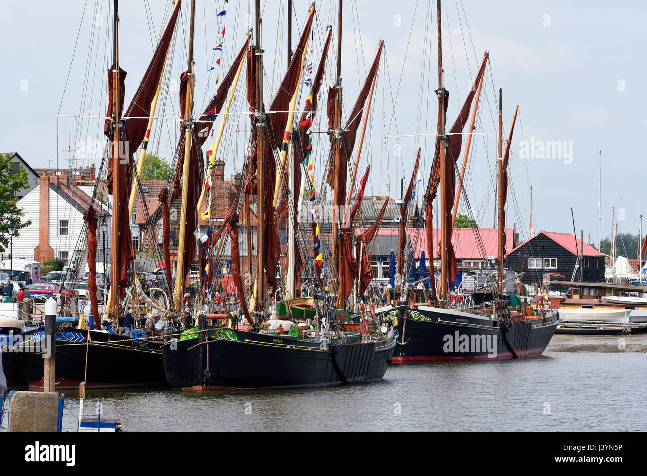 Sailing barges moored at Hythe Quay, Maldon, Essex, on the River Stock ...