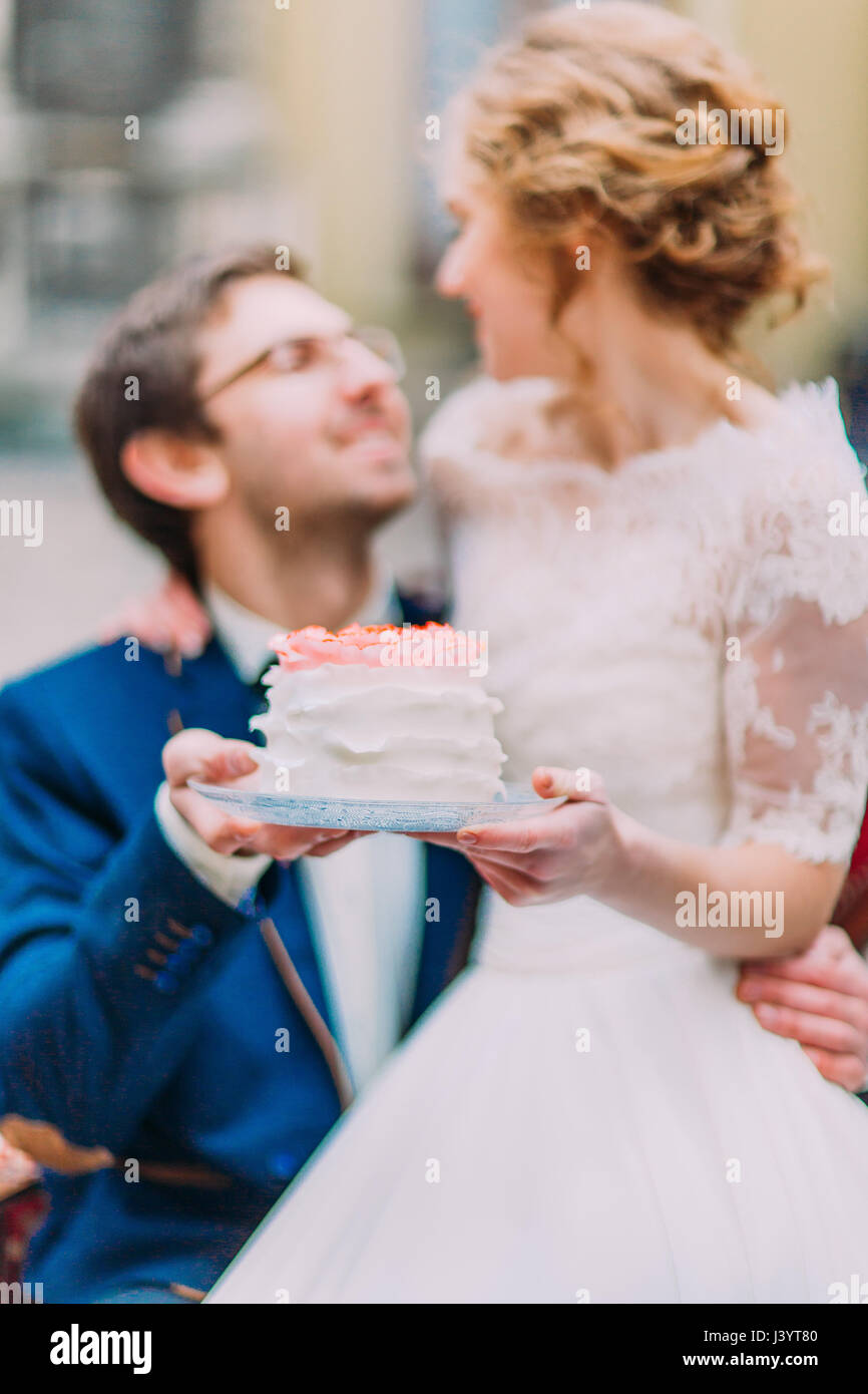 Charming wedding couple holding their wedding cake close up Stock Photo ...