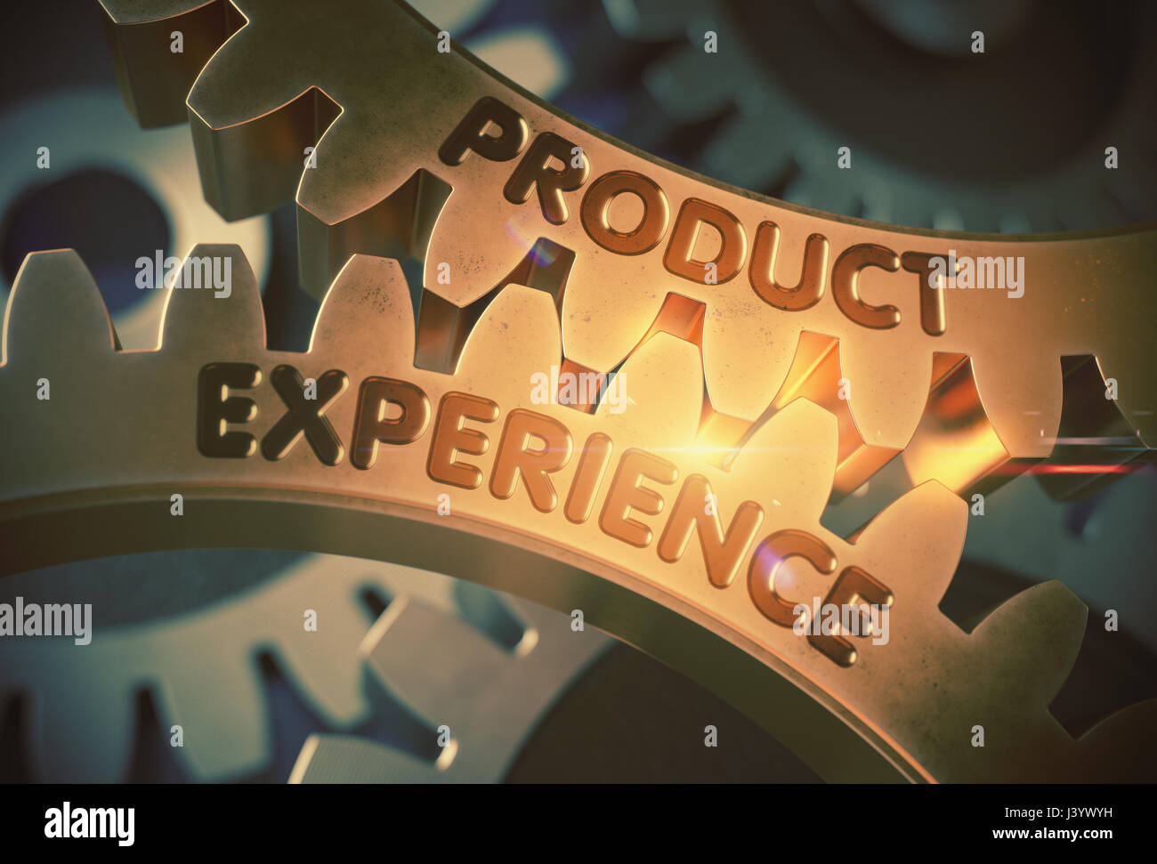Product Experience Concept. Golden Gears. 3D Illustration Stock Photo ...
