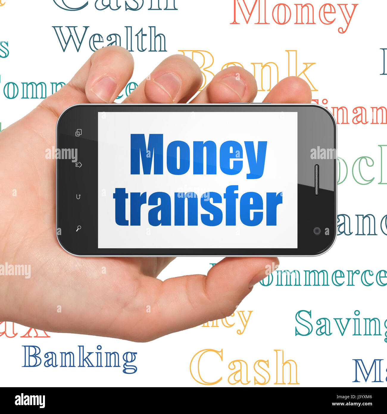 Money concept: Hand Holding Smartphone with Money Transfer on display ...