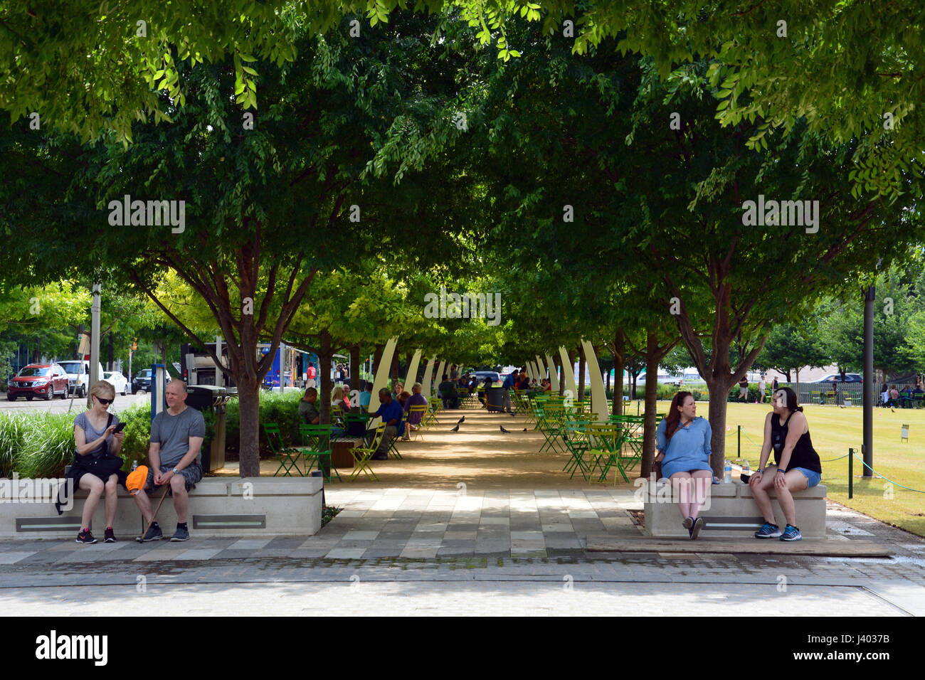 Public seating under oak trees and decorative arches line the promenade ...