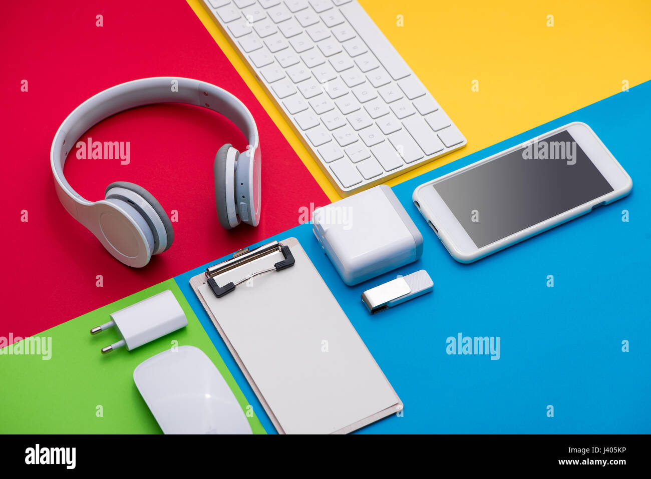 Well organised white office objects on colorful background Stock Photo ...