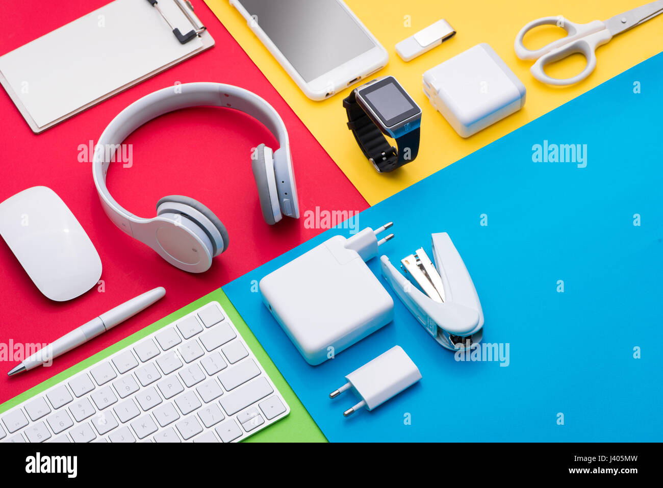 Well organised white office objects on colorful background Stock Photo ...