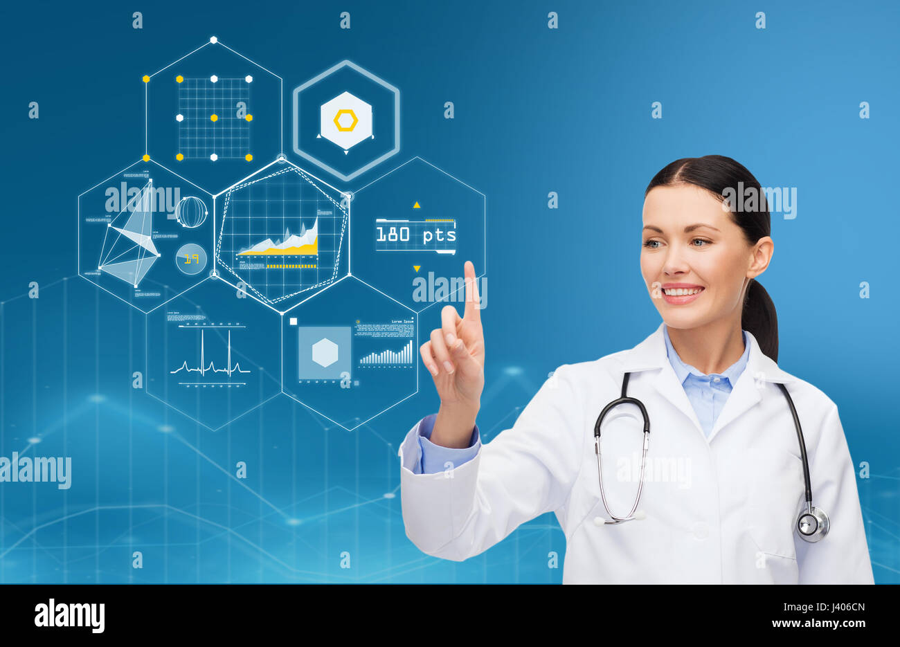doctor pointing finger to virtual chart over blue Stock Photo - Alamy