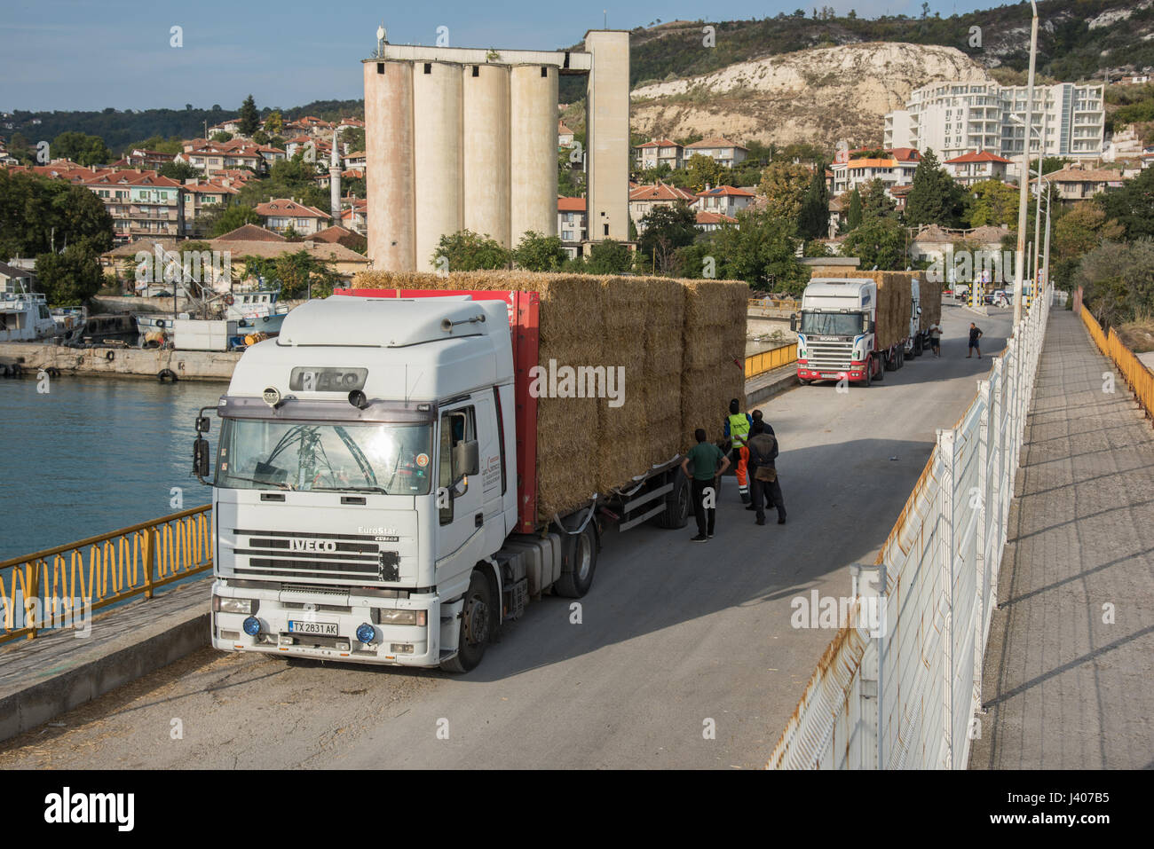Lorries loaded with straw for The Farah Princess cargo ship in port at ...