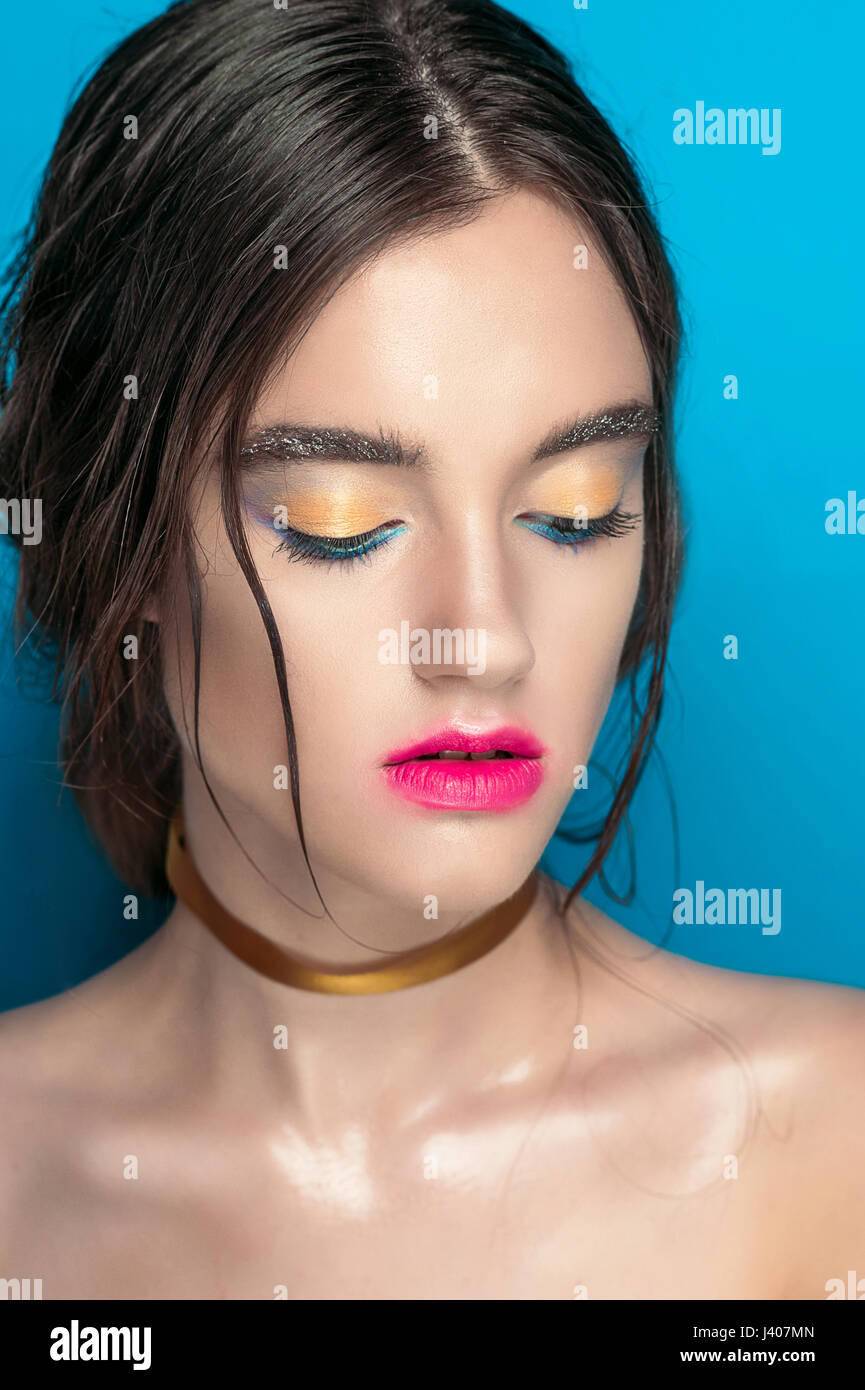 Beauty Girl Portrait with Vivid Makeup. Fashion Woman portrait close up ...