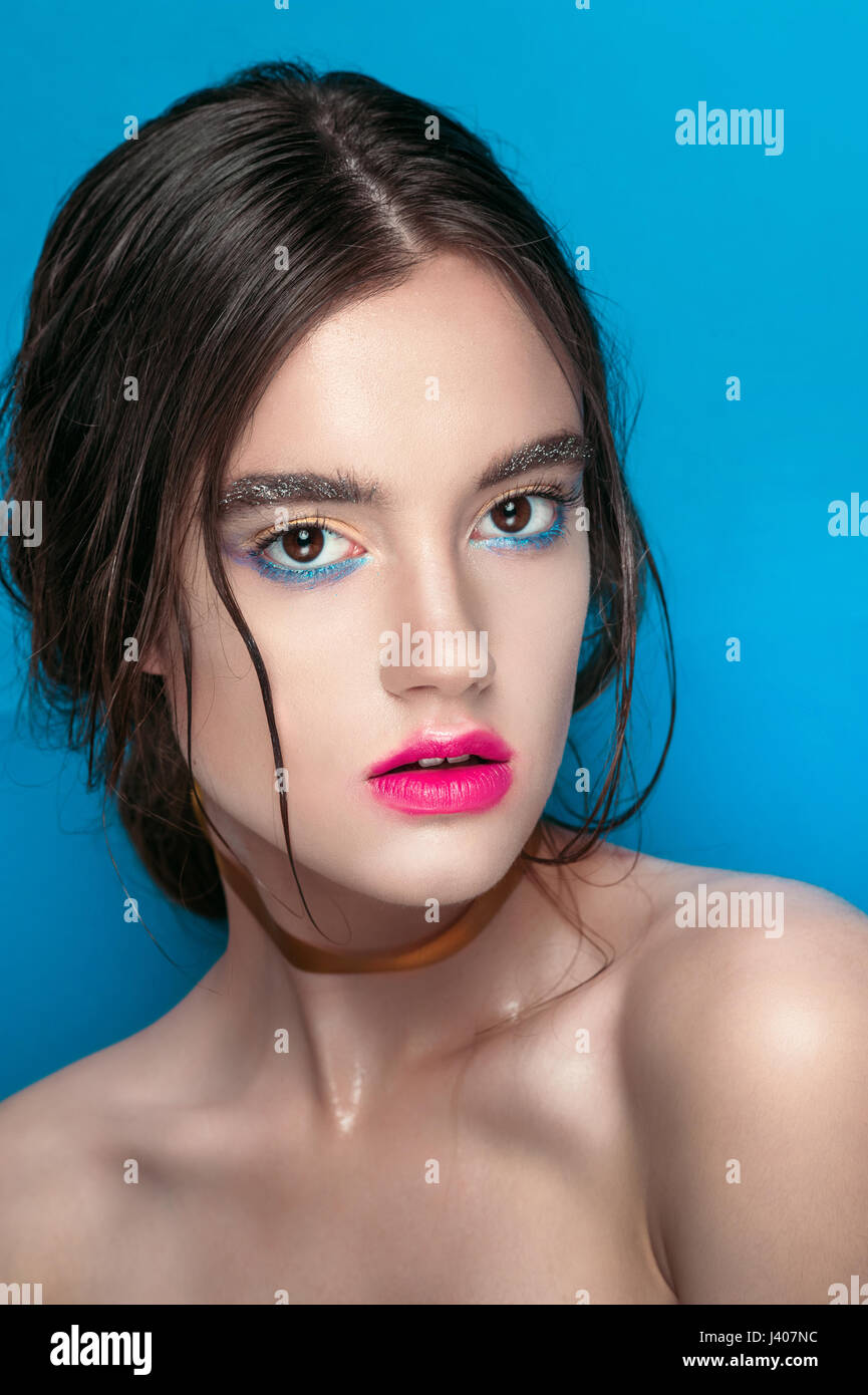 Beauty Girl Portrait with Vivid Makeup. Fashion Woman portrait close up ...