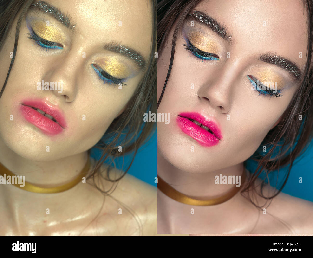 Woman before and after digital makeup and retouching makeover on face ...