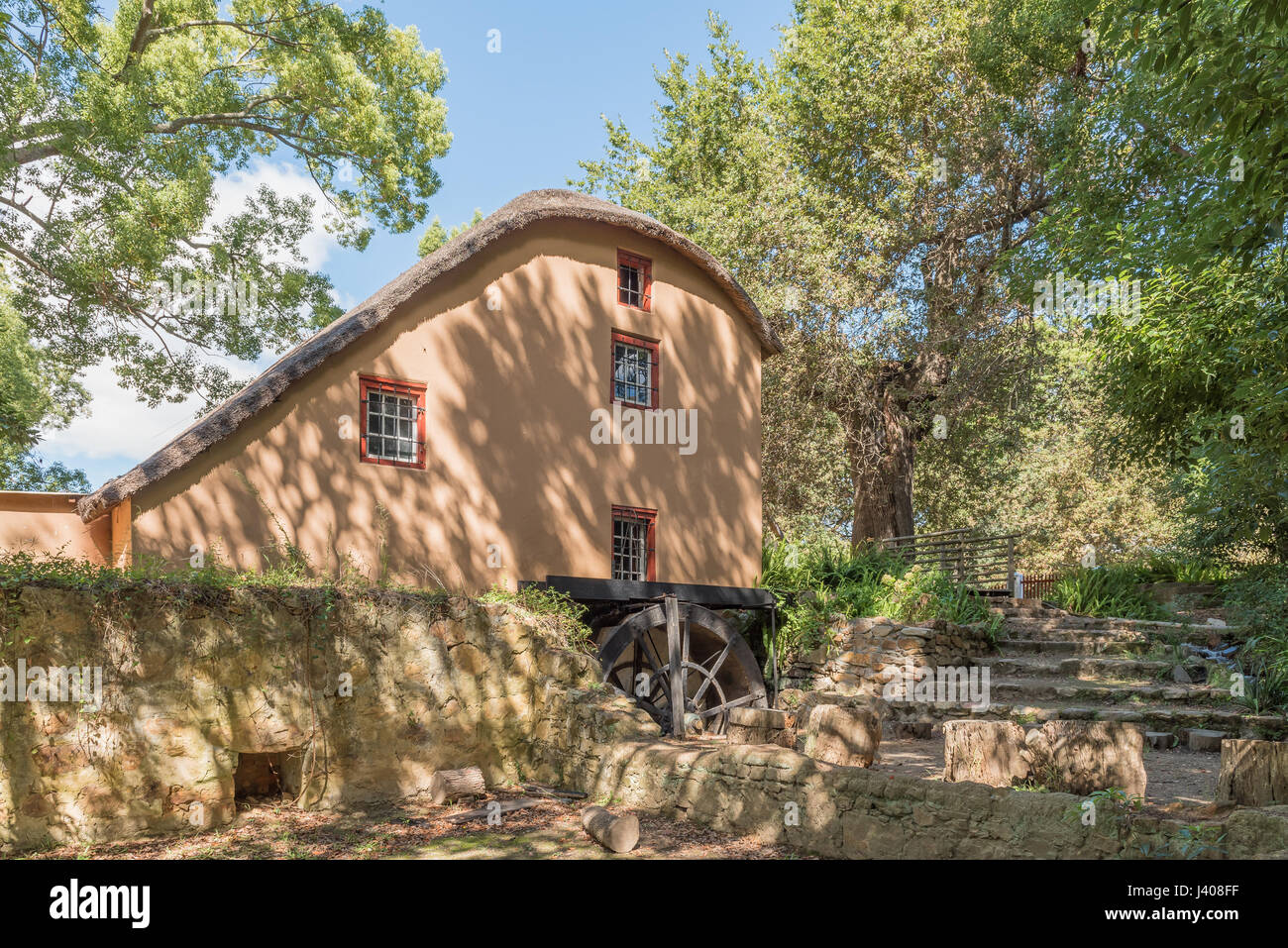 GENADENDAL, SOUTH AFRICA - MARCH 27, 2017: Water wheel and building of ...