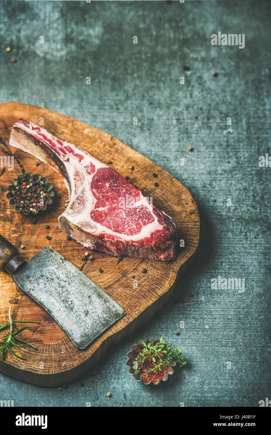 Dry aged raw beef rib eye steak, copy space Stock Photo - Alamy