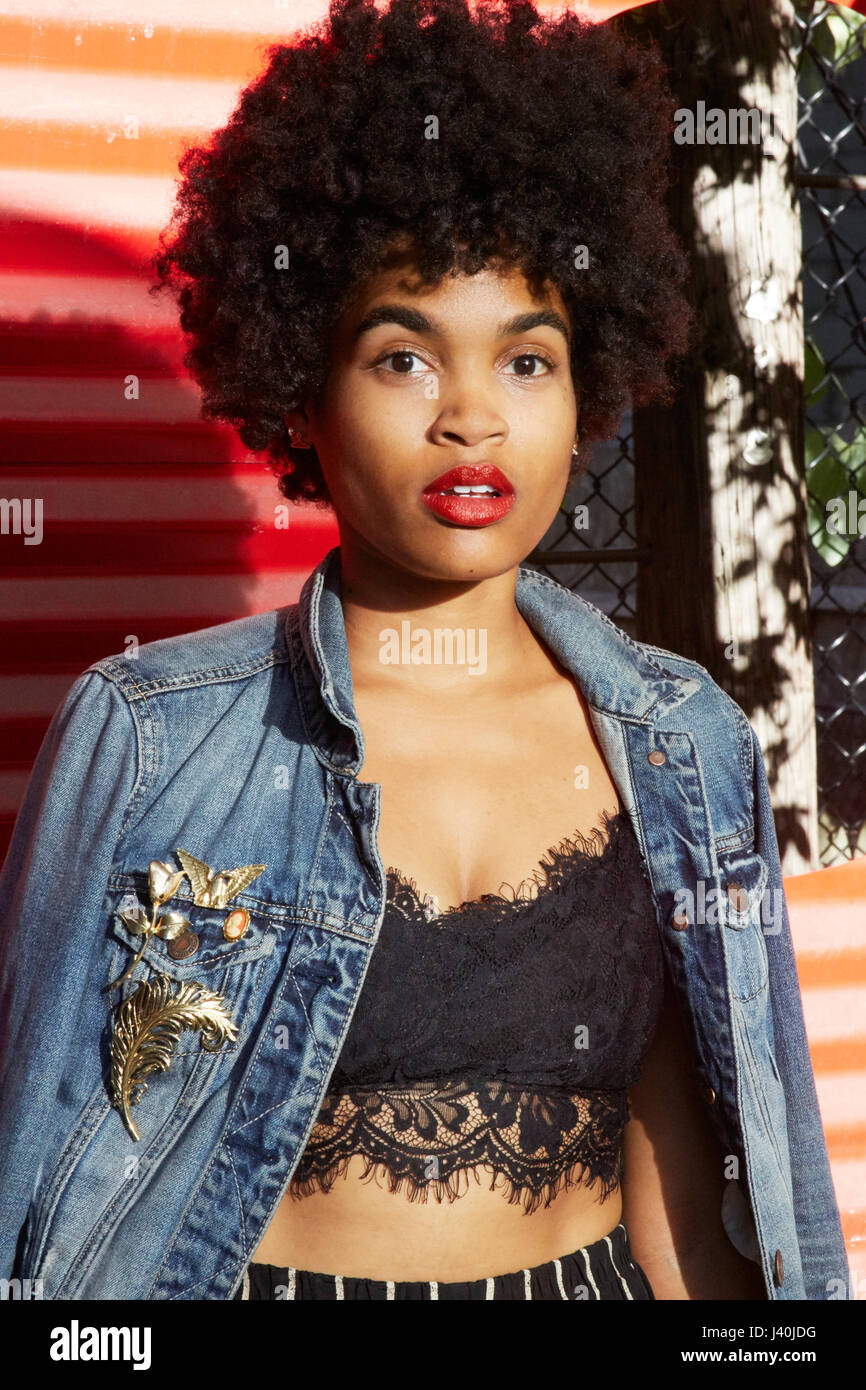 Urban portrait of young female fashion blogger with afro hair, New York ...