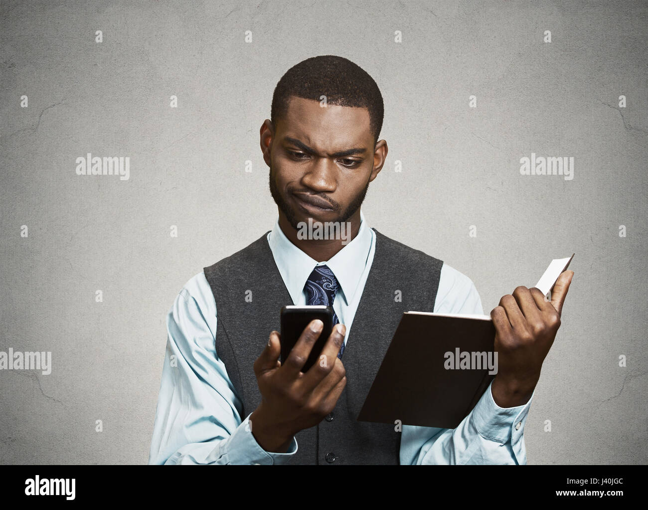 Closeup portrait confused, skeptical business man, executive reading ...