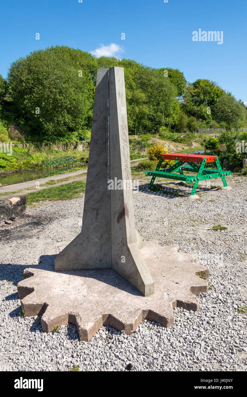Sculptured milestone at the Meccano Bridge picnic area, Manchester ...