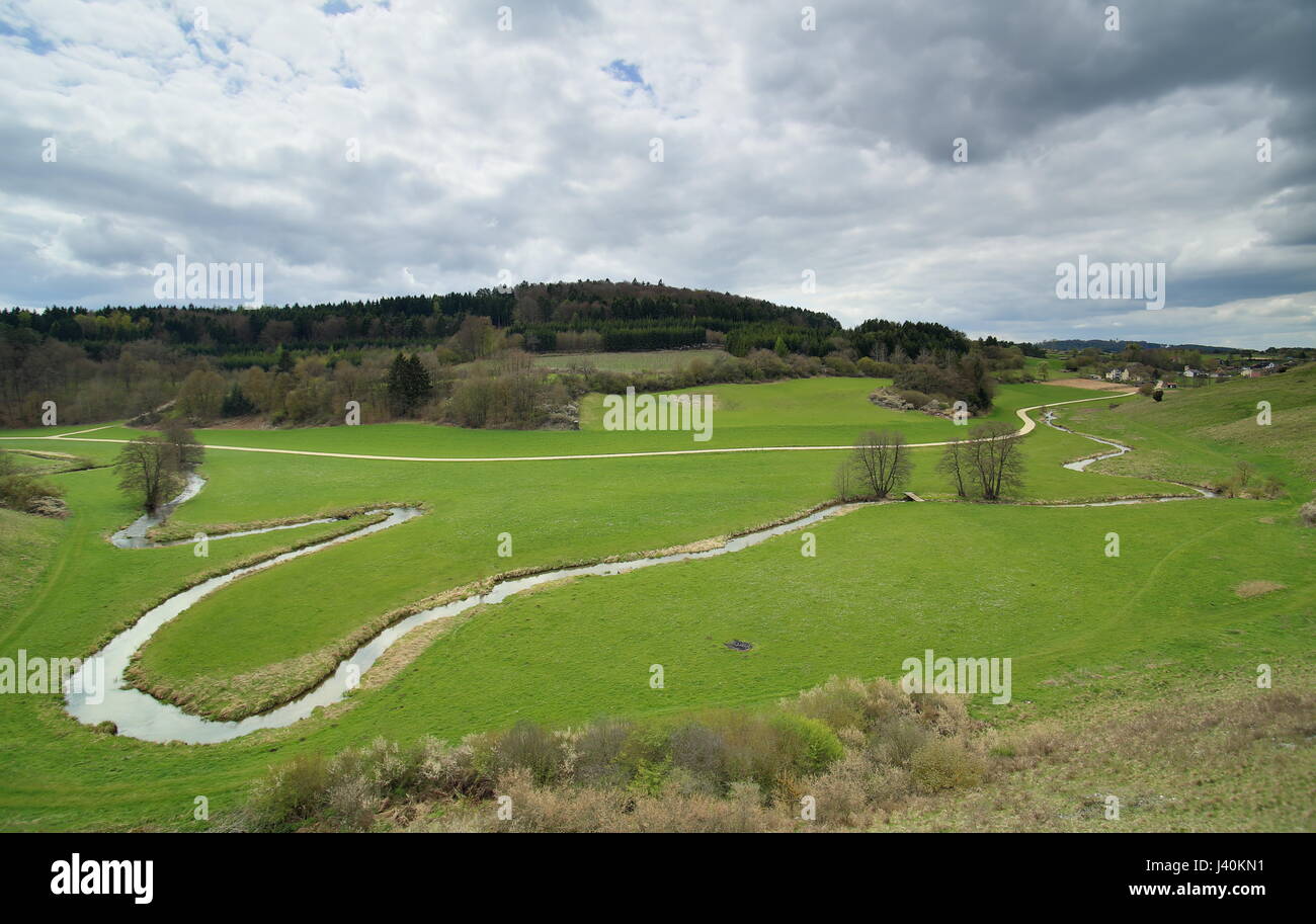 The river Wissinger Laber in Bavaria, the town Wissing can be seen in ...