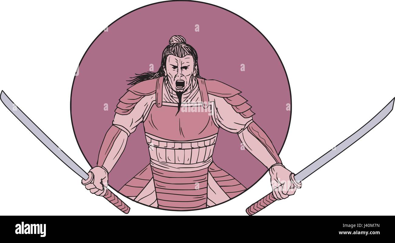 Drawing sketch style illustration of a raging Samurai warrior holding ...