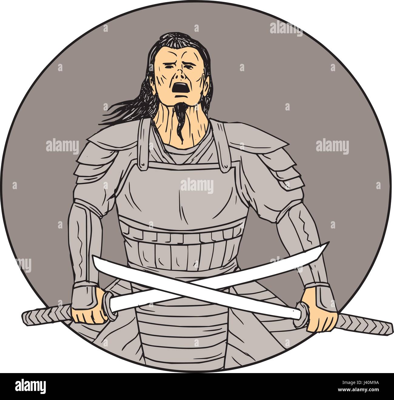Drawing sketch style illustration of an angry Samurai warrior looking ...