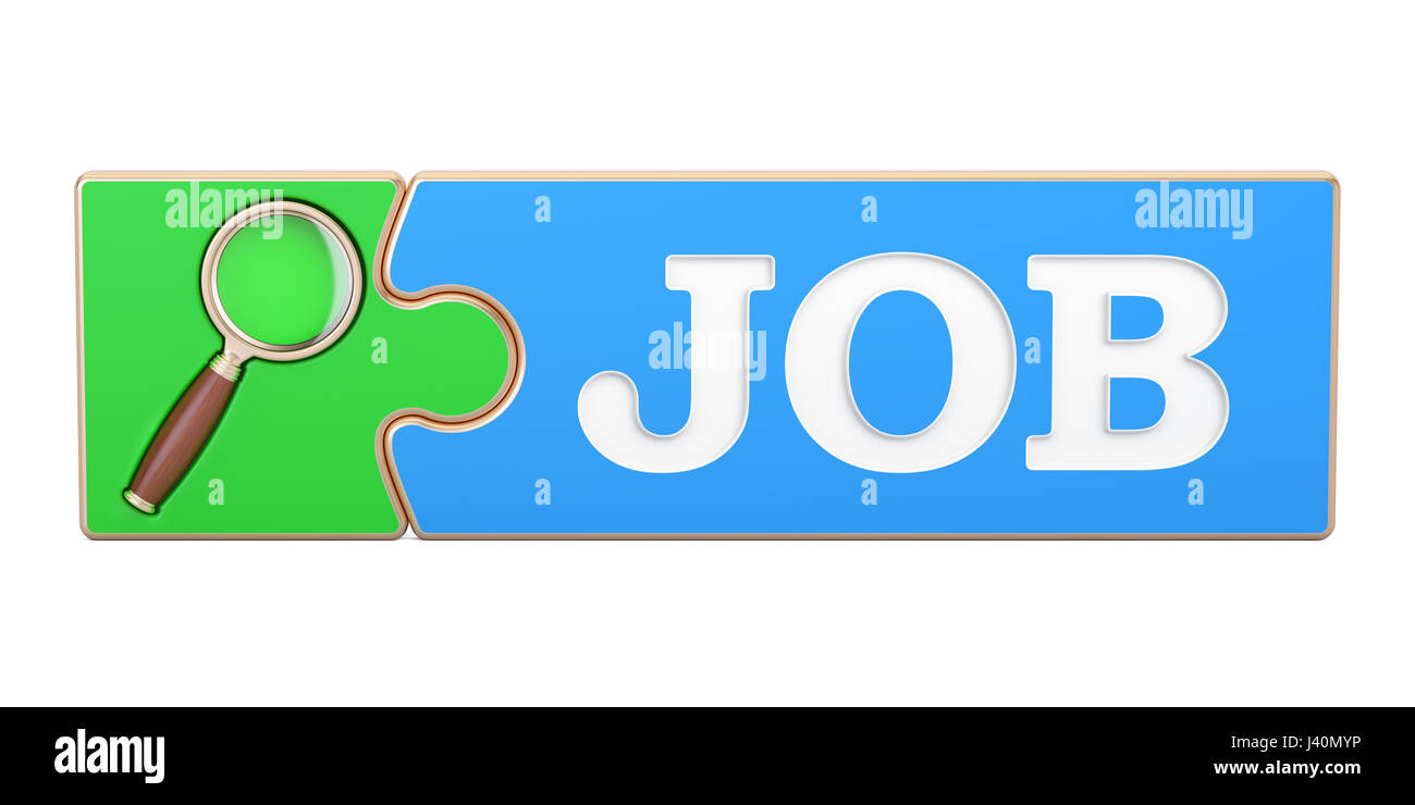 Job Search concept, from puzzle with magnifier. 3D rendering isolated ...