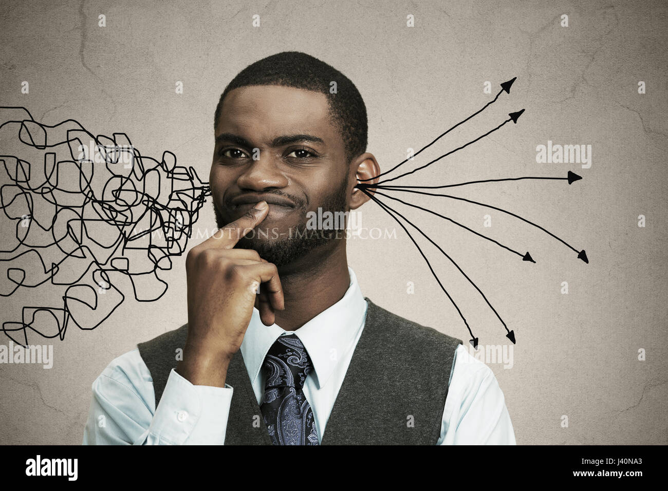 Closeup portrait business man thinking about something, finger on lips ...